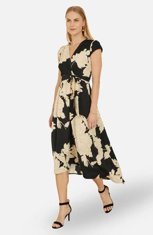 YUMI Blossom Print Dipped Hem Wrap Midi Dress - Black