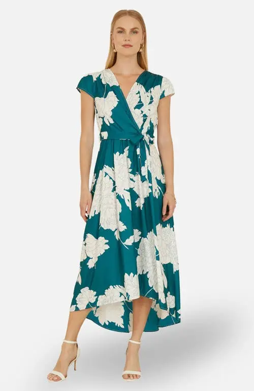 YUMI Blossom Print Dipped Hem Wrap Midi Dress - Green