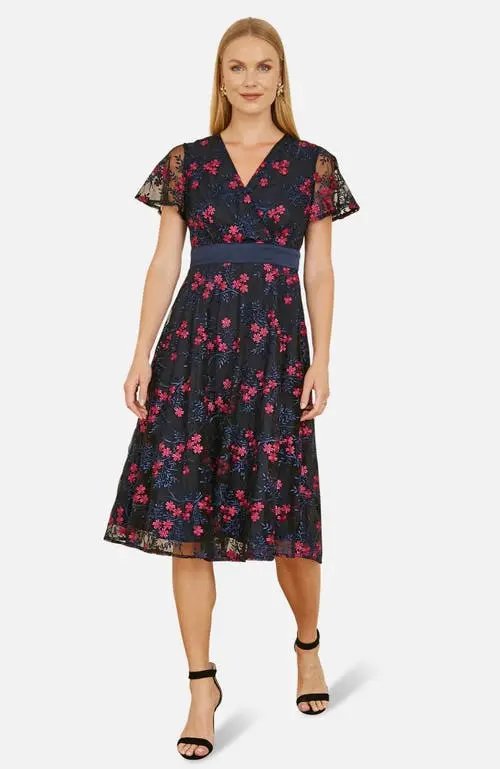 YUMI Floral Mesh Wrap Midi Skater Dress - Navy