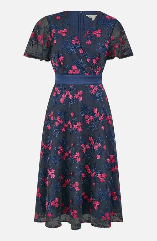 YUMI Floral Mesh Wrap Midi Skater Dress