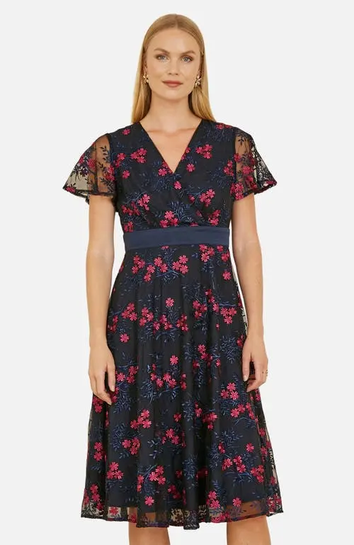 YUMI Floral Mesh Wrap Midi Skater Dress
