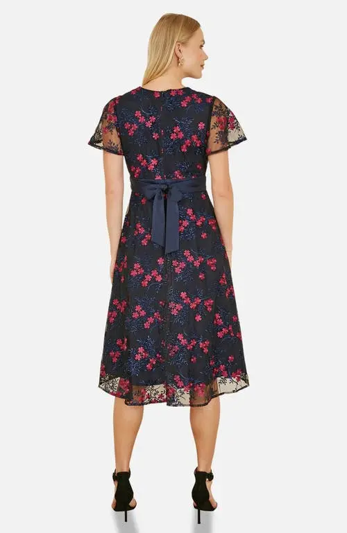 YUMI Floral Mesh Wrap Midi Skater Dress