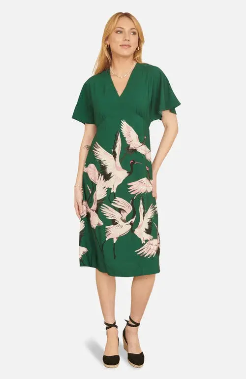 YUMI Crane Print Midi Dress - Green