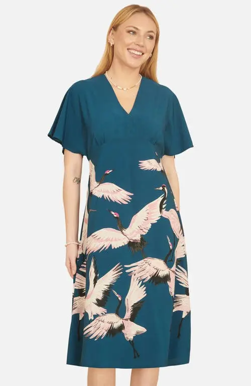 YUMI Crane Print Kimono Midi Dress - Teal