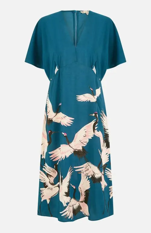 YUMI Crane Print Midi Dress - Teal