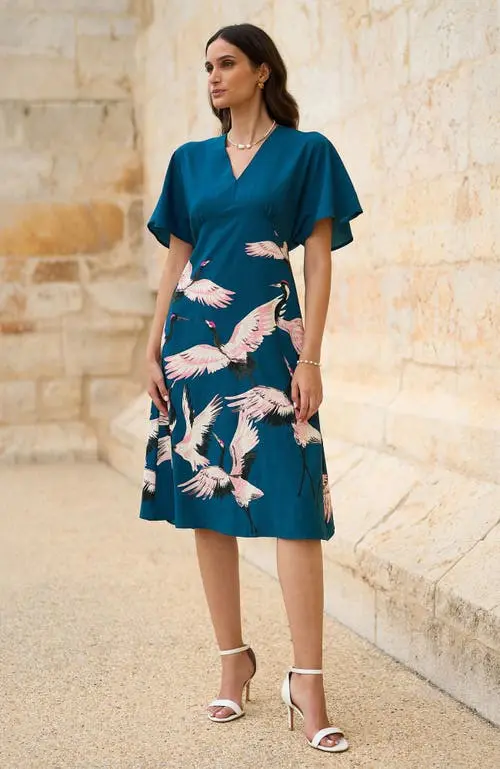 YUMI Crane Print Midi Dress - Teal