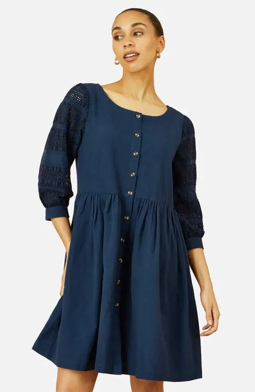YUMI Broderie Anglaise Puff Sleeve Tunic Dress - Navy
