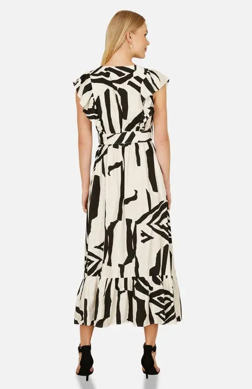 YUMI Abstract Print V-neck Midi Dress With Frill Sleeves And Belt