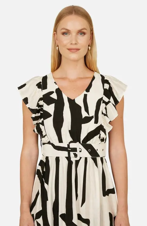 YUMI Abstract Print V-neck Midi Dress With Frill Sleeves And Belt