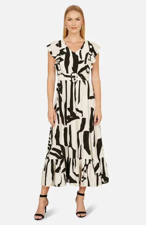 YUMI Abstract Print V-neck Midi Dress With Frill Sleeves And Belt - Beige