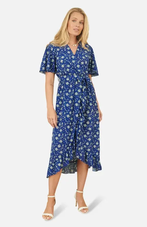 YUMI Frilled-hem Wrap Midi Dress - Blue