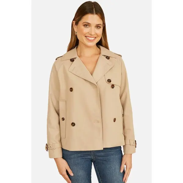 YUMI Cropped Trench Jacket With Pockets - Beige