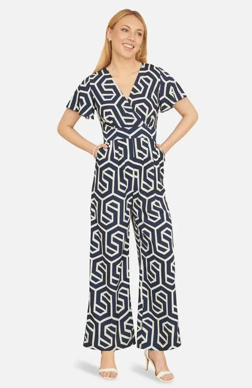 YUMI Sculpting Wrap Wide Leg Maxi Jumpsuit - Navy