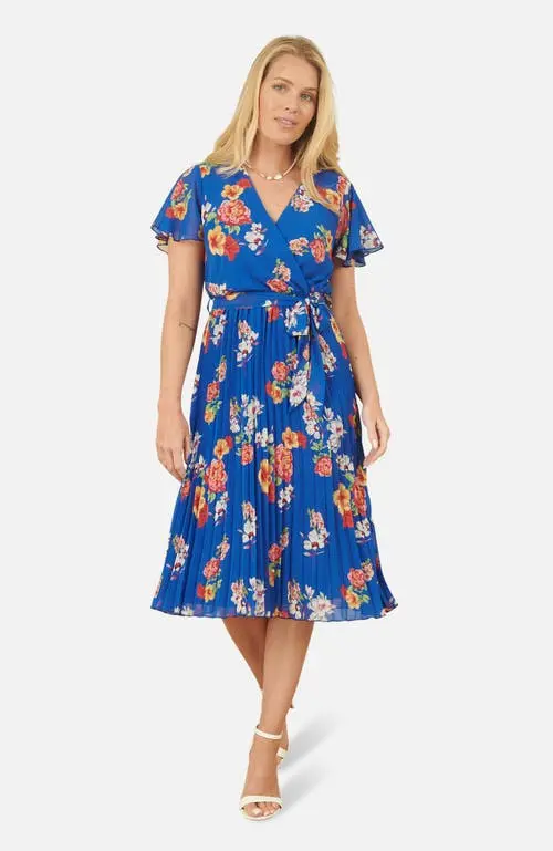 YUMI Pleated Floral Tie-waist Wrap Midi Dress - Blue