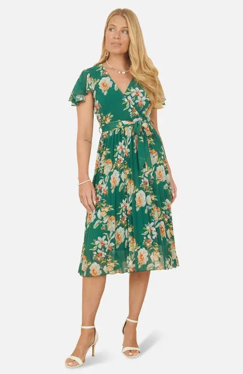 YUMI Pleated Floral Tie-waist Wrap Midi Dress - Green