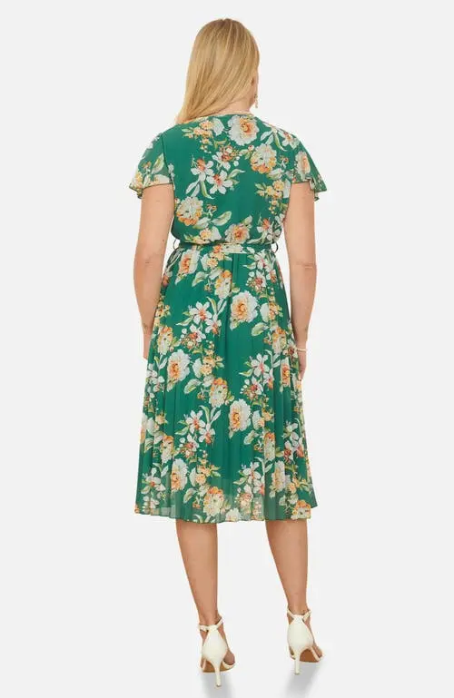 YUMI Pleated Floral Tie-waist Wrap Midi Dress - Green