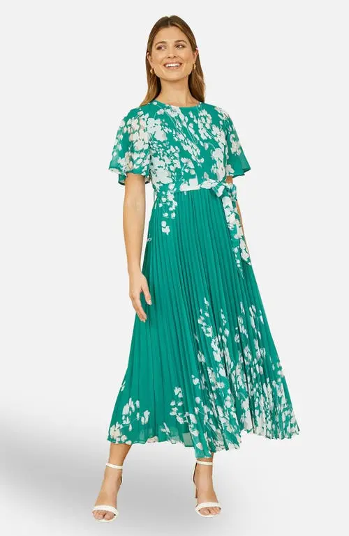 YUMI Short Sleeve Pleated Floral Midi Dress - Green