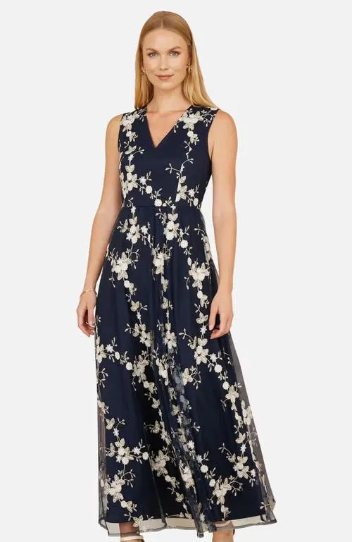 YUMI Mesh Embroidered Maxi Dress