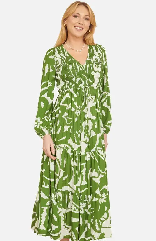 YUMI Abstract Print Ruched V-neck Midi Dress - Green