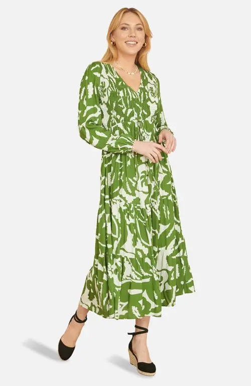 YUMI Abstract Print Ruched V-neck Midi Dress - Green