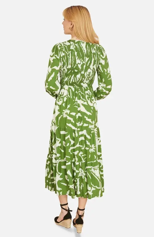 YUMI Abstract Print Ruched V-neck Midi Dress - Green