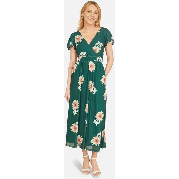 YUMI Mesh Flower With Pockets Wrap Midi Dress - Green
