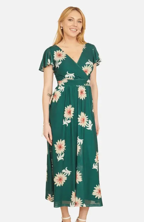 YUMI Mesh Flower Midi Dress With Pockets