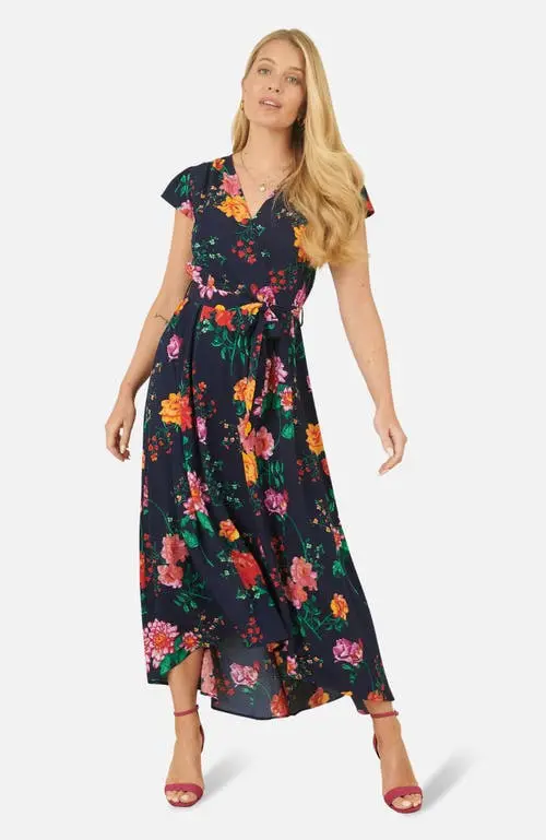 YUMI Flower Print Wrap Midi Dress - Navy
