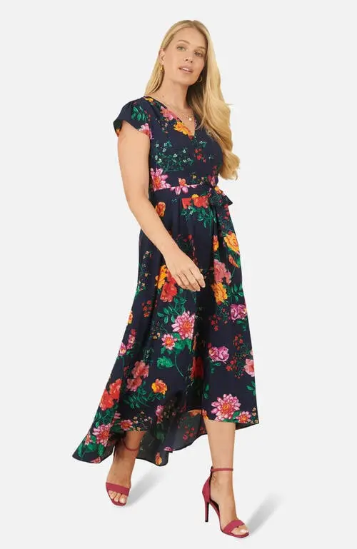 YUMI Flower Print Wrap Midi Dress - Navy