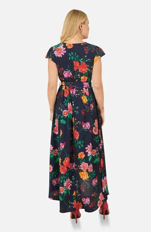 YUMI Flower Print Wrap Midi Dress - Navy