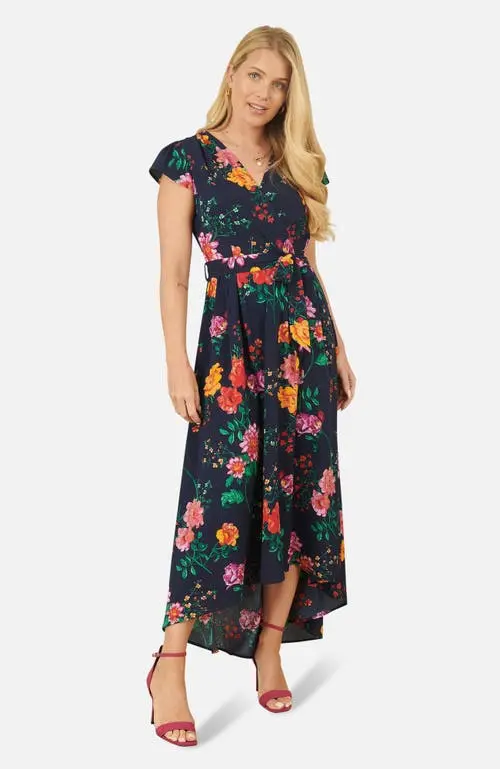 YUMI Flower Print Wrap Midi Dress - Navy
