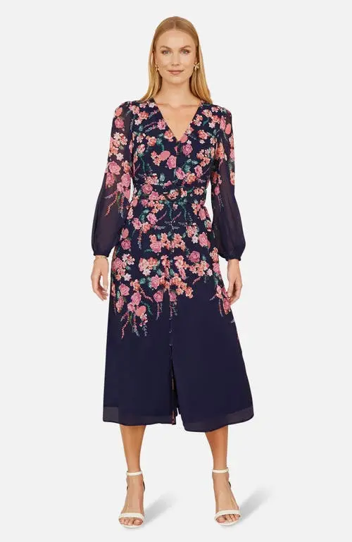 YUMI Belted Floral Midi Dress - Navy