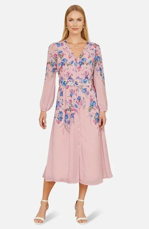 YUMI Belted Floral Midi Dress - Pink