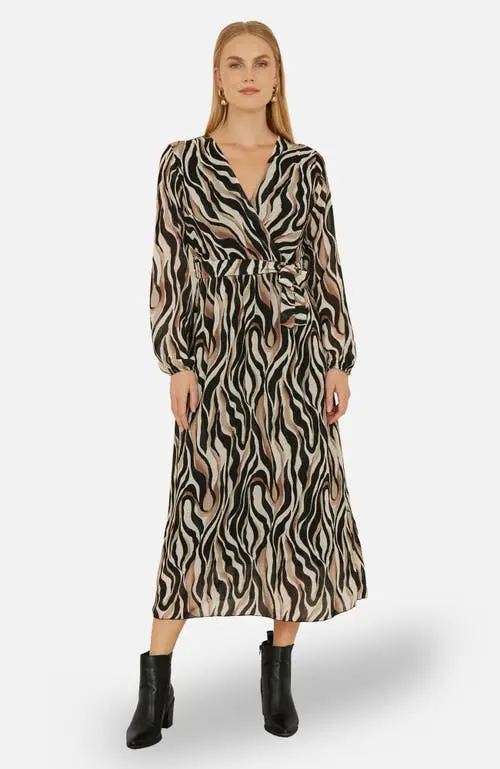 YUMI Animal Swirl Midi Wrap Dress - Black