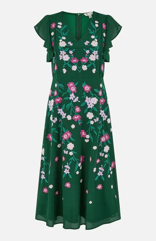 green midi skater dress Emerald Green Metallic Pleated Midi Skater Dress main image 1