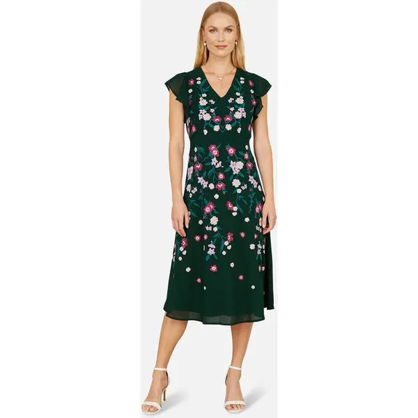 YUMI Floral Embroidered V-neck Midi Dress