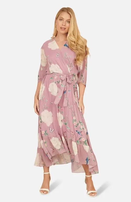 YUMI Bird And Floral Print Midi Wrap Dress - Pink