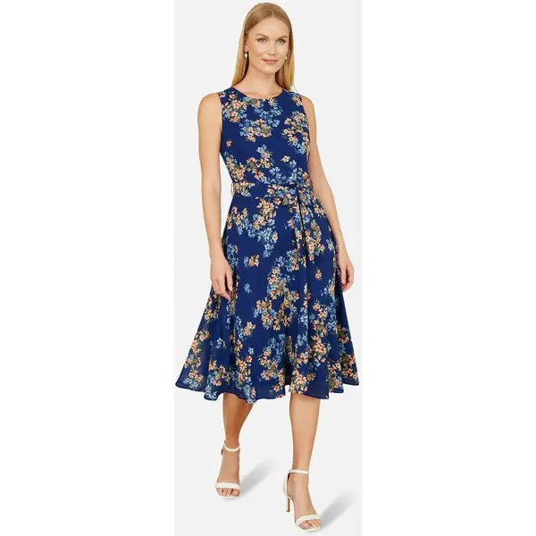 YUMI Floral Skater Midi Dress - Blue
