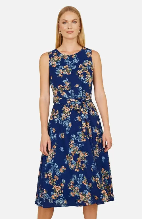 YUMI Floral Skater Midi Dress - Blue