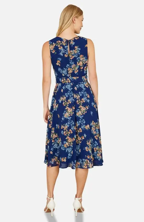 YUMI Floral Skater Midi Dress - Blue