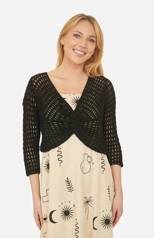 YUMI Crochet Cotton Twisted Bolero Cardigan - Black