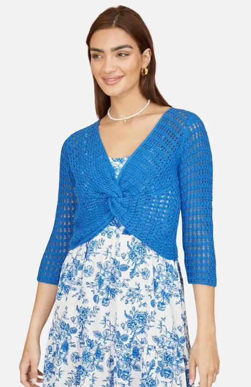 YUMI Crochet Cotton Twisted Bolero Cardigan - Blue