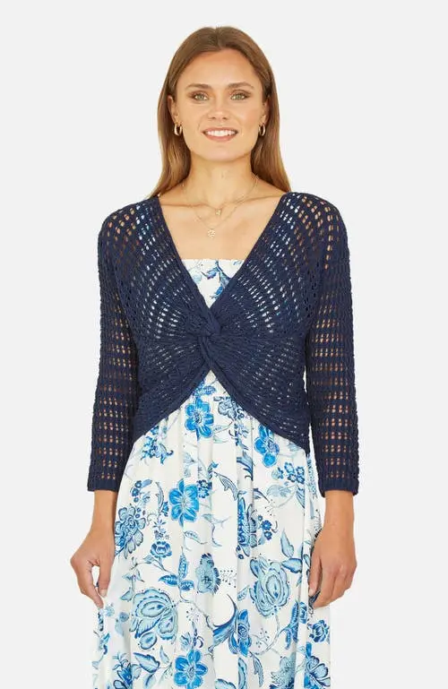 YUMI Crochet Cotton Twisted Bolero Cardigan - Navy