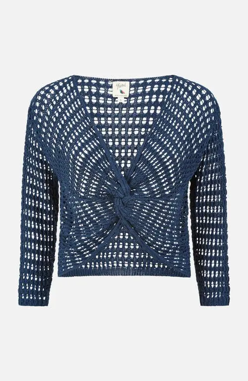 YUMI Crochet Cotton Twisted Bolero Cardigan - Navy