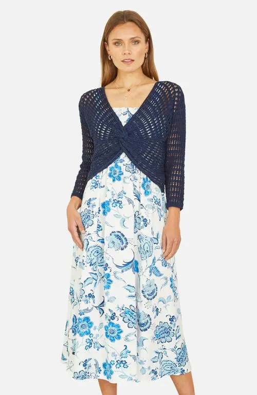YUMI Crochet Cotton Twisted Bolero Cardigan - Navy