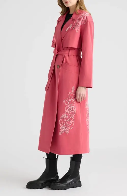 NVLT Embroidered Belted Trench Coat - Pitaya Red