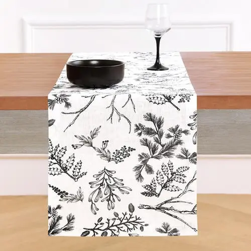 SOLINO HOME Linen Table Runnerwinter Forest - Black/white