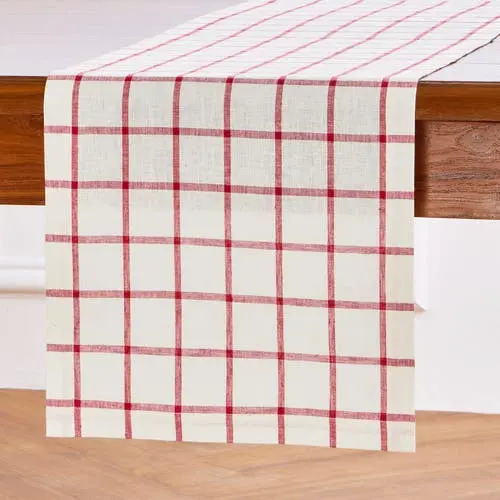 SOLINO HOME Linen Table Runnerwindowpane - Tofu/red