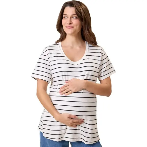 KINDRED BRAVELY Relaxed Cotton Scoop Neck Maternity & Nursing Tee - Black & White Stripe