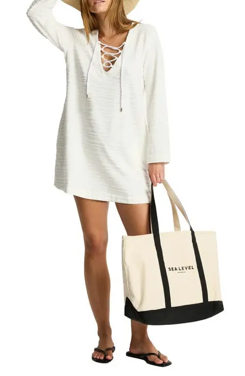 SEA LEVEL Jacquard Stripe Long Sleeve Lace-up Cotton Terry Cover-up Minidress - White